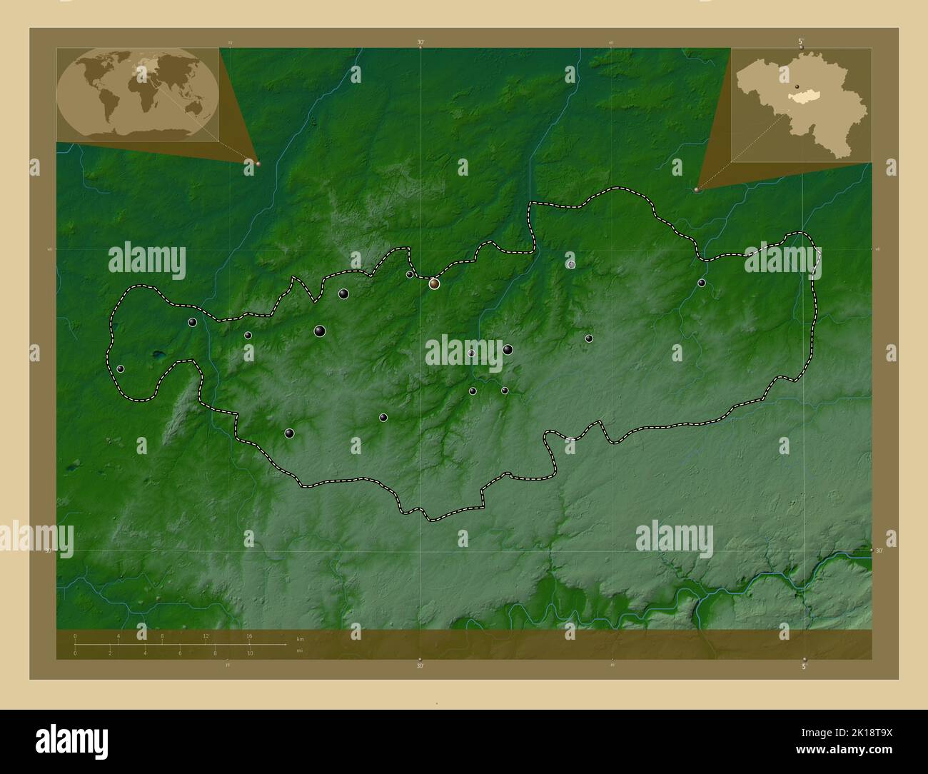 Brabant Wallon, province of Belgium. Colored elevation map with lakes ...