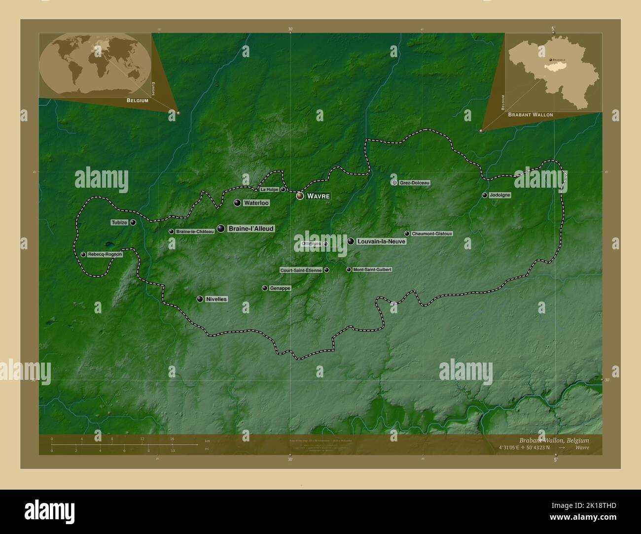 Brabant Wallon, province of Belgium. Colored elevation map with lakes ...