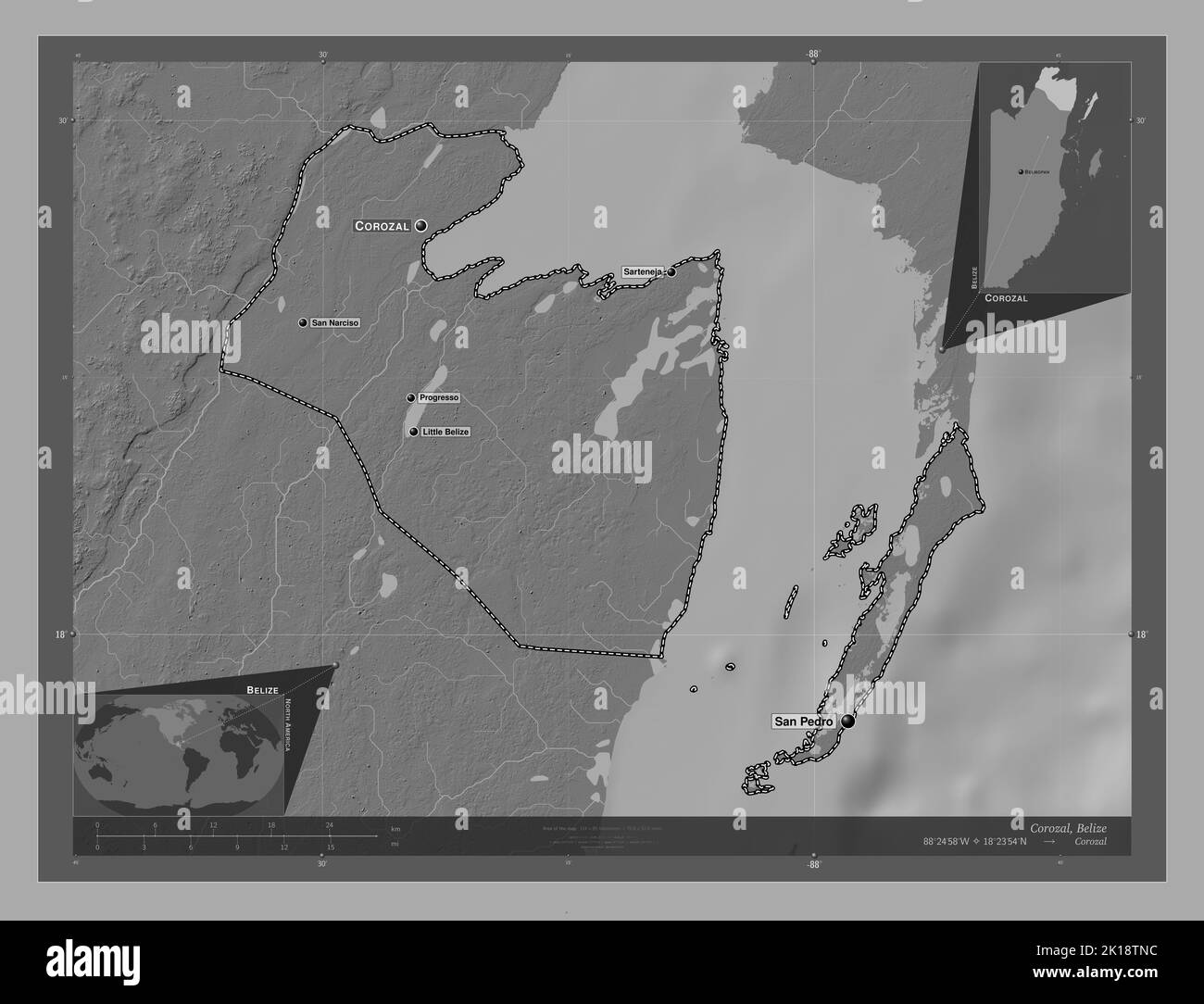 Corozal, district of Belize. Bilevel elevation map with lakes and ...