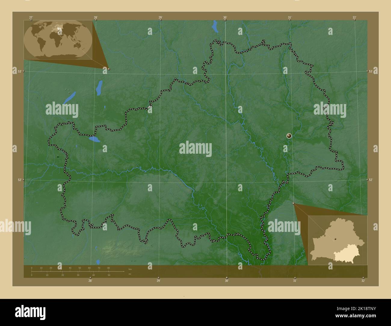 Homyel', region of Belarus. Colored elevation map with lakes and rivers ...