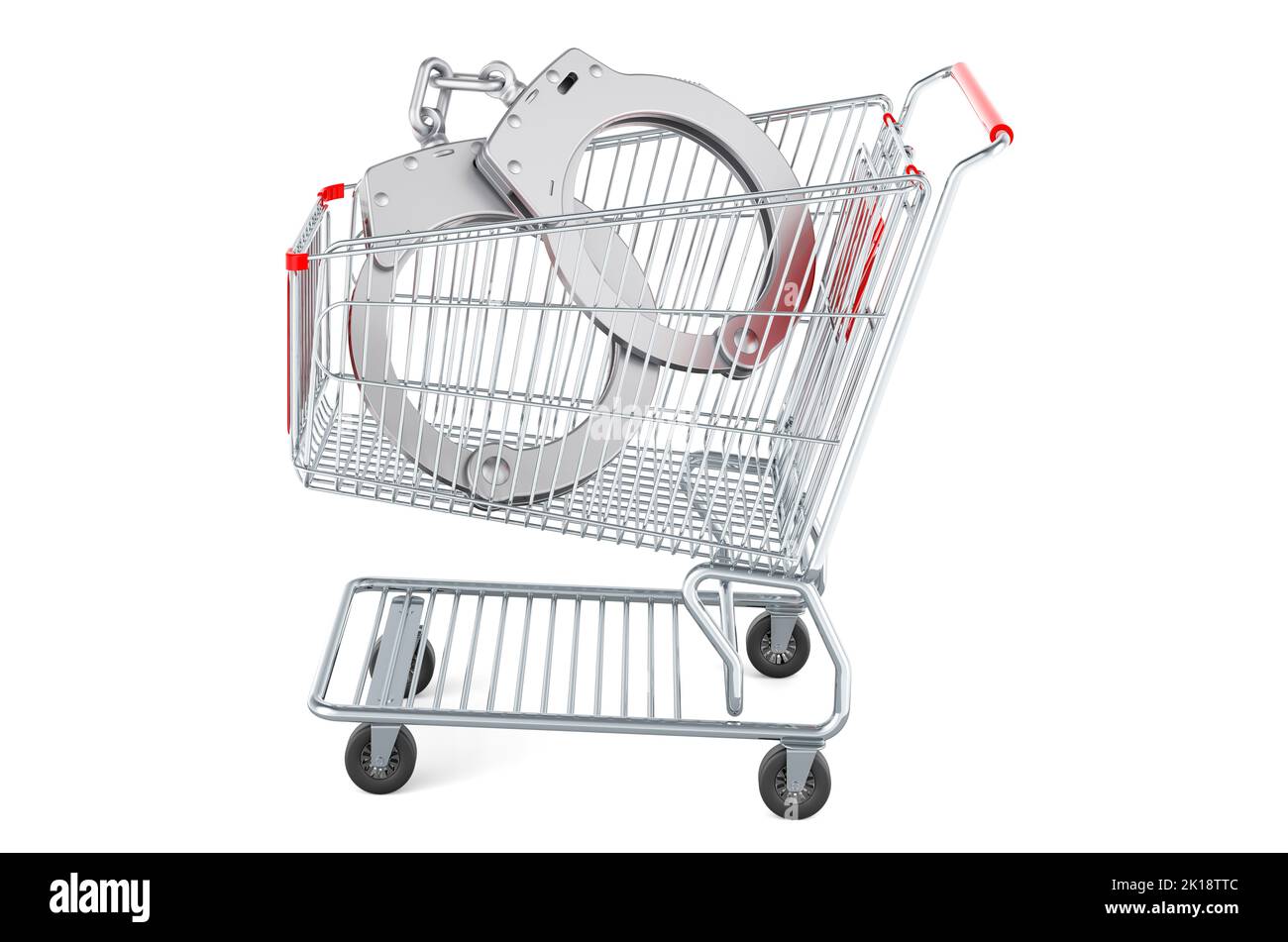 Handcuffs inside shopping cart. 3D rendering isolated on white ...