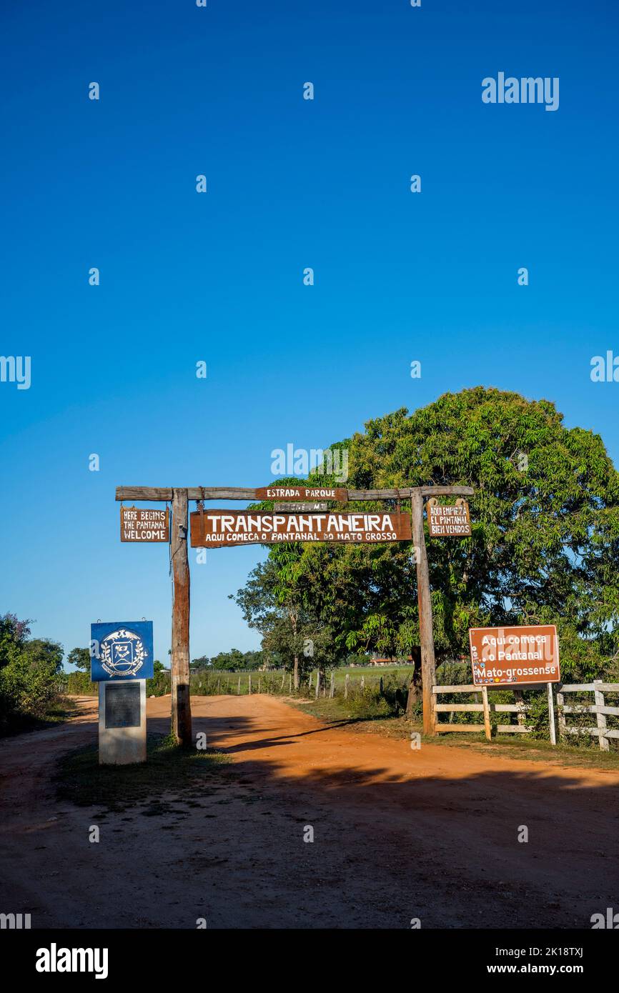 The entrance gate of the Transpantaneira Road to the Northern Pantanal ...