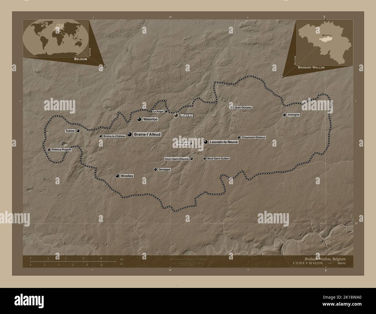 Brabant Wallon, province of Belgium. Elevation map colored in sepia ...