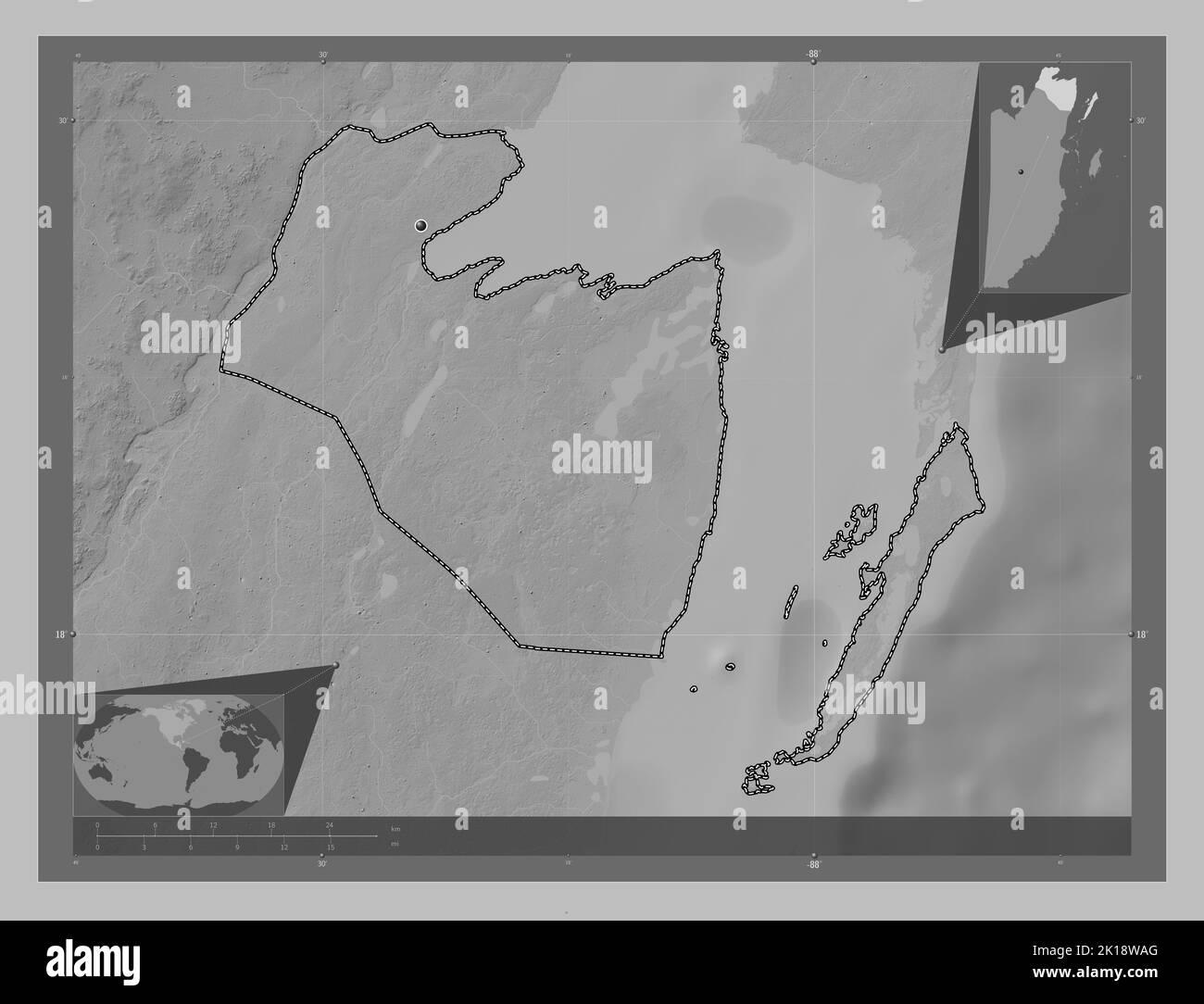Corozal, district of Belize. Grayscale elevation map with lakes and ...