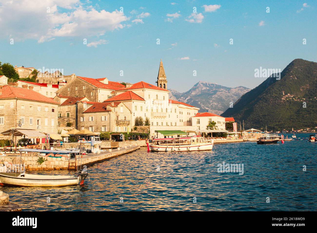 Scenic panorama view of the historic town of Perast at famous Bay of ...