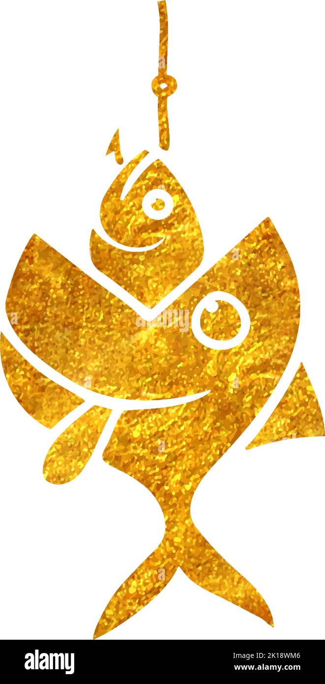 Hand drawn fish eating bait icon in gold foil texture vector ...