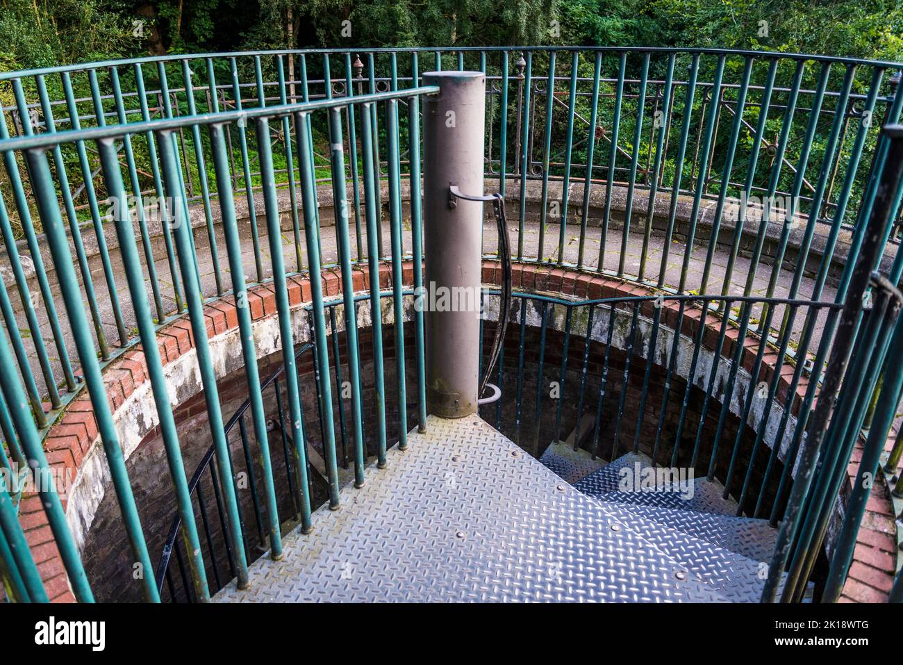 Circular start of a spiral staircase in an outdoors structure, London ...