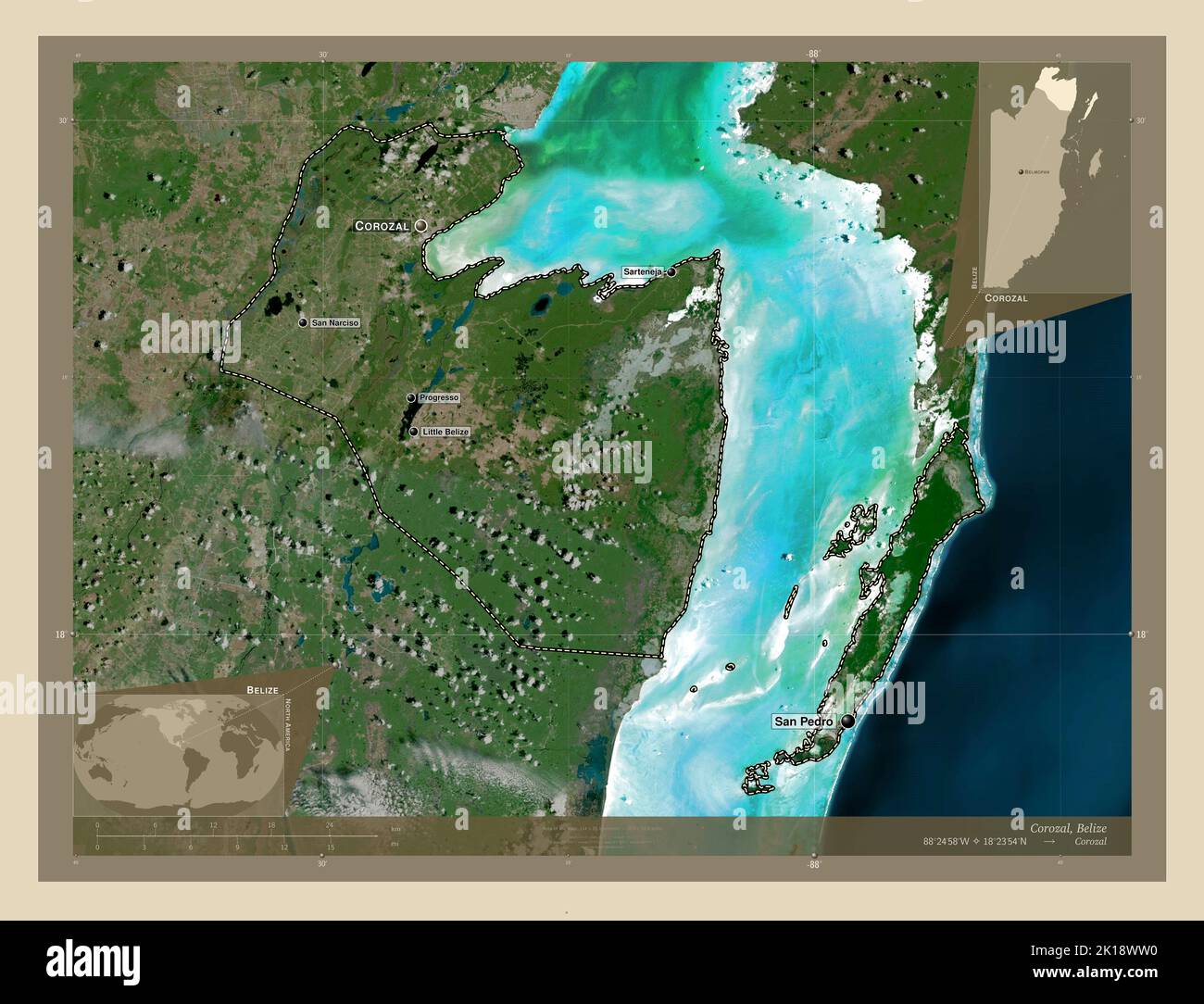 Corozal, district of Belize. High resolution satellite map. Locations ...
