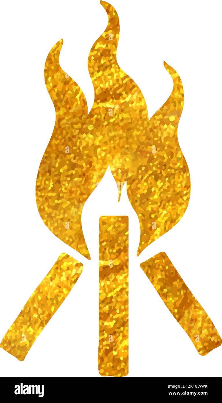Hand drawn Camp fire icon in gold foil texture vector illustration ...