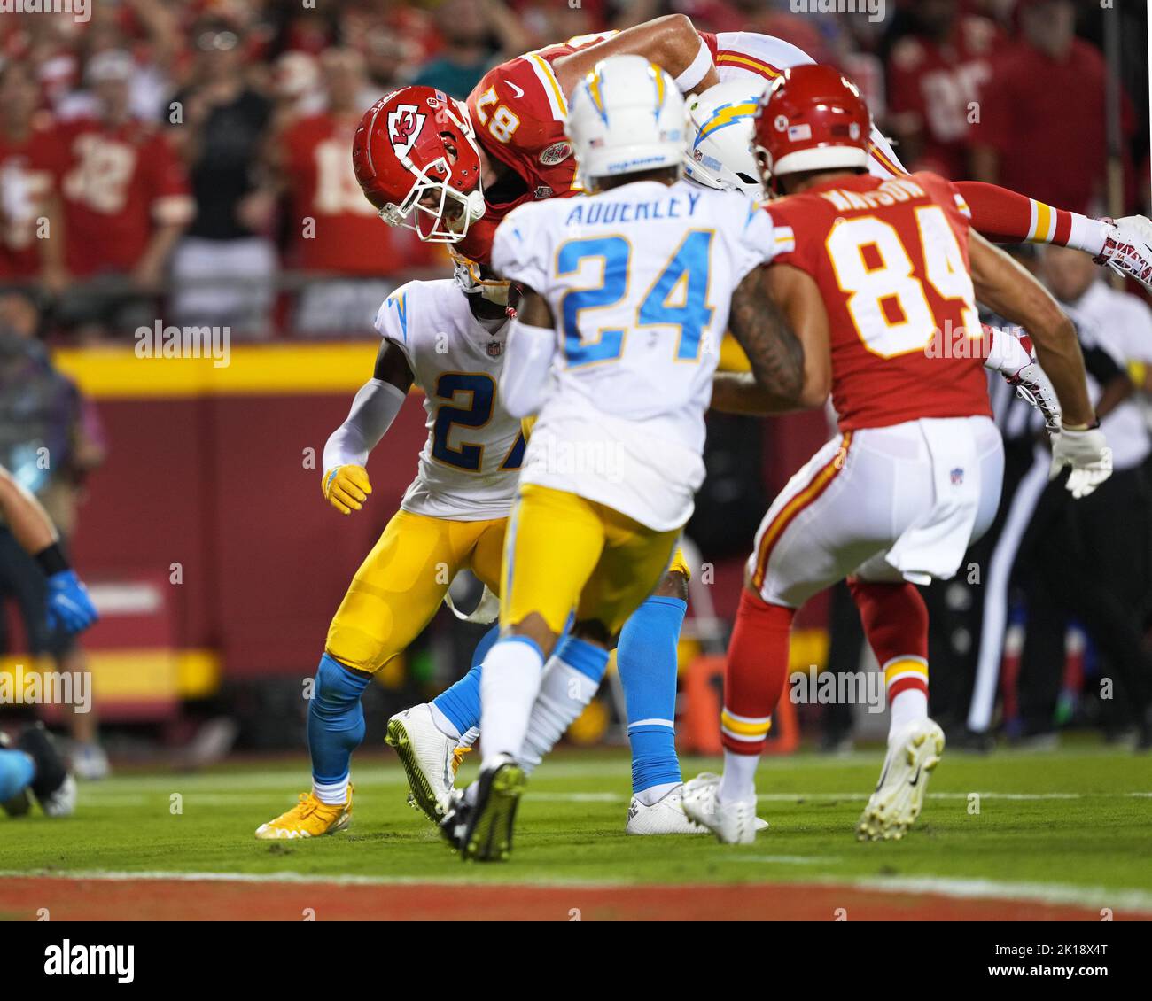 SEP 15, 2022: Kansas City Chiefs tight end Travis Kelce (87) goes high ...