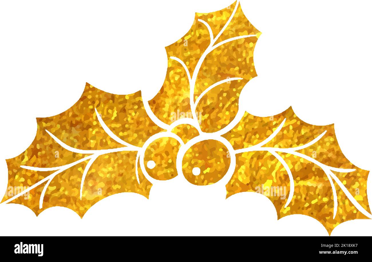 Hand drawn Holly leaves icon in gold foil texture vector illustration ...