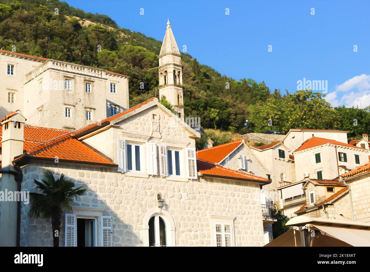 Scenic panorama view of the historic town of Perast at famous Bay of ...
