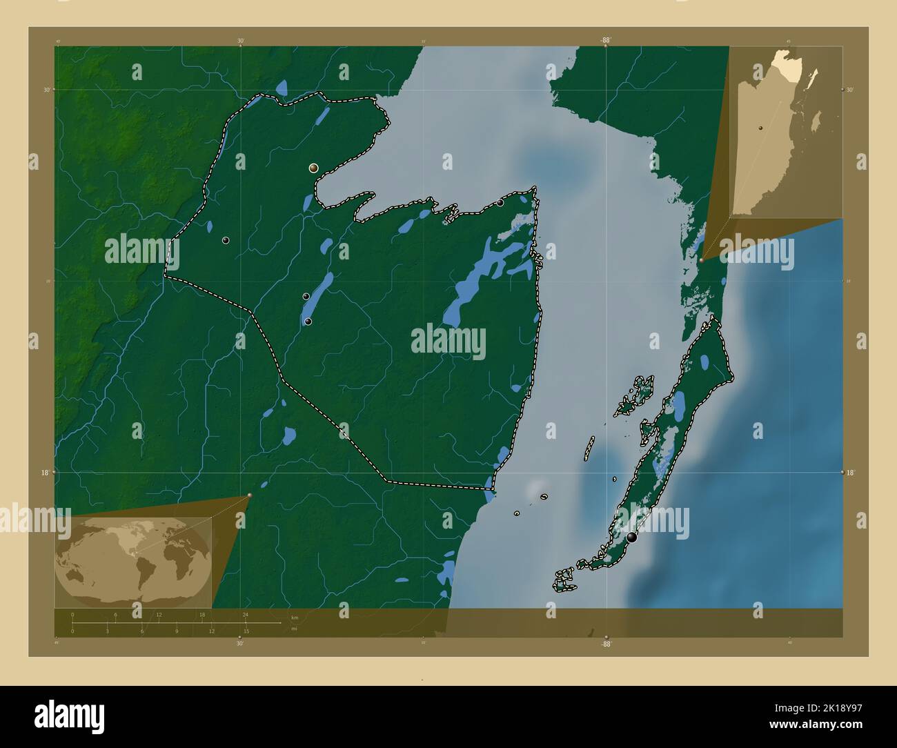 Corozal, district of Belize. Colored elevation map with lakes and ...