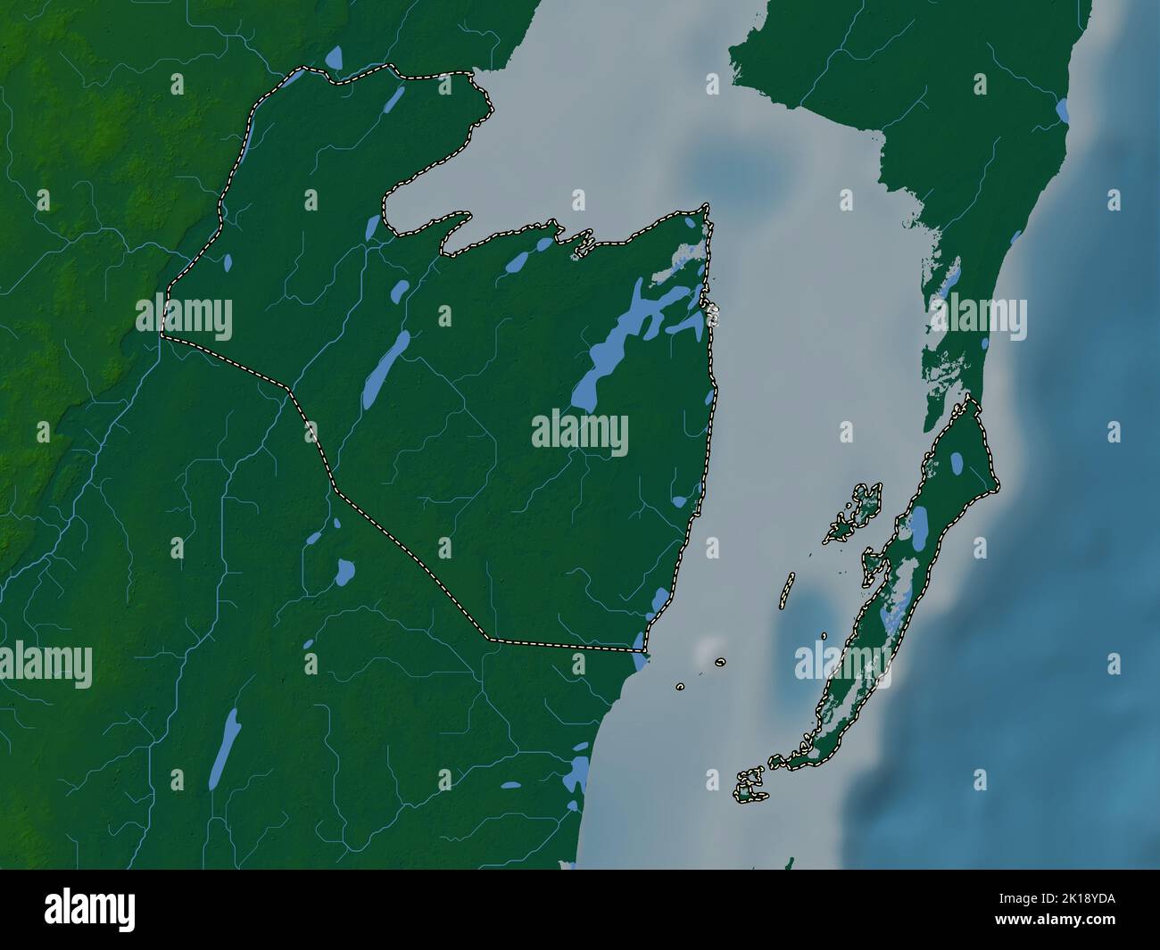 Corozal, district of Belize. Colored elevation map with lakes and ...