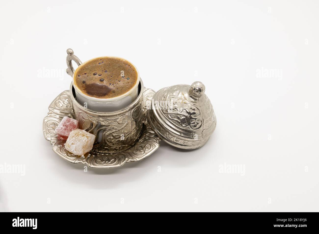 Turkish coffee with turkish delight isolated on white background Stock ...