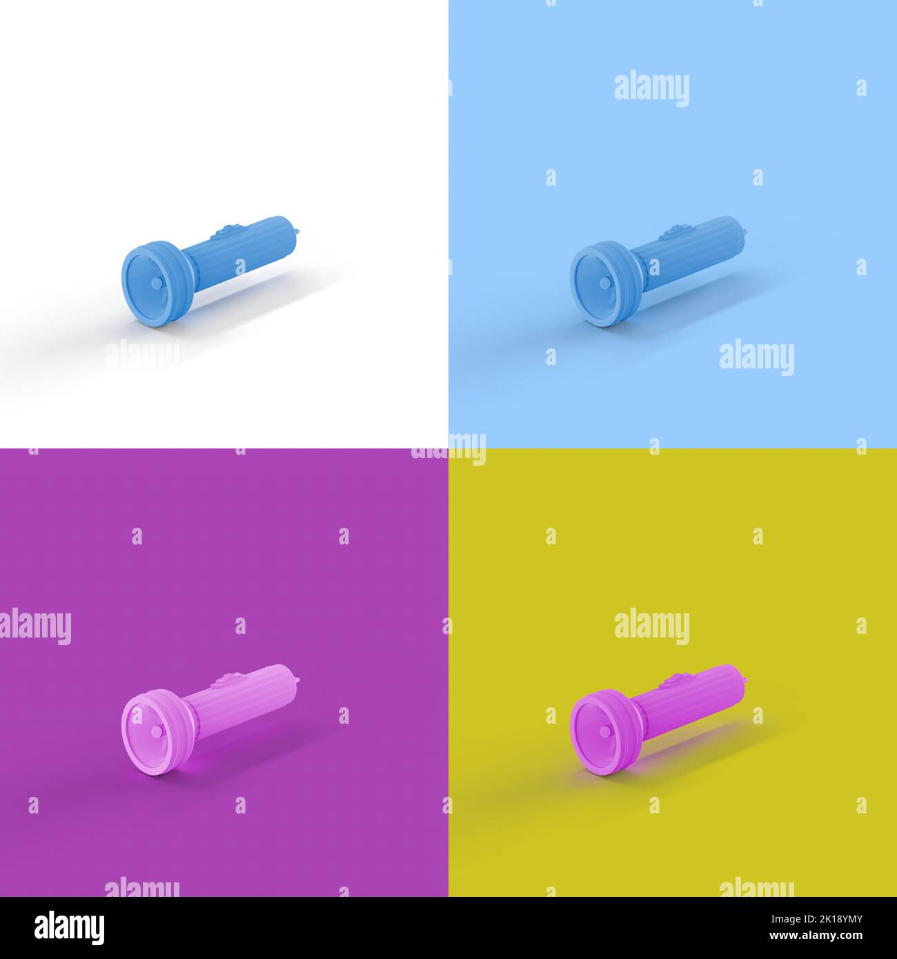 A pop art collage of 3D rendered flashlight isolated on colorful ...