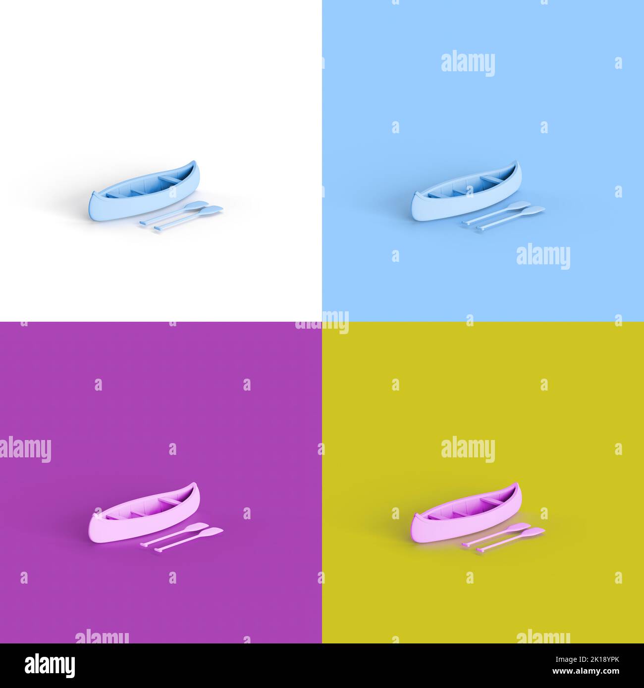 A pop art collage of 3D rendered boat with paddle isolated on colorful ...