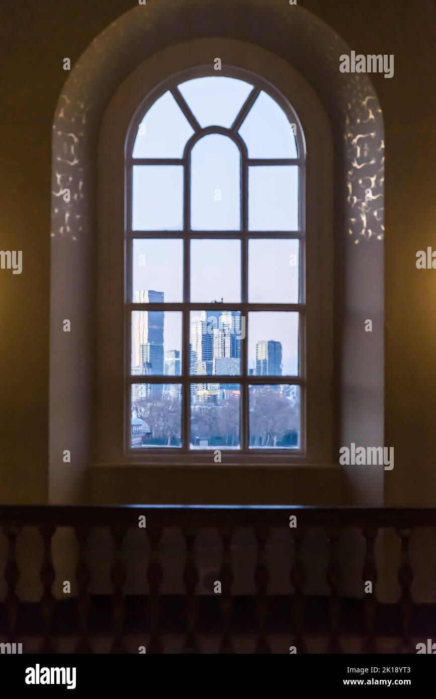 View of the Canary Wharf from the window of The Queen's House, a former ...