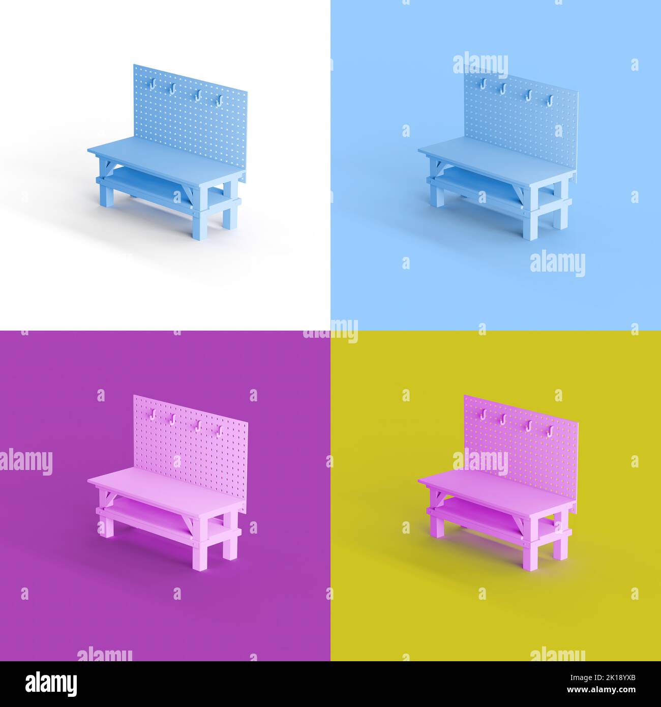 A pop art collage of 3D rendered bench with a hooked wall isolated on ...
