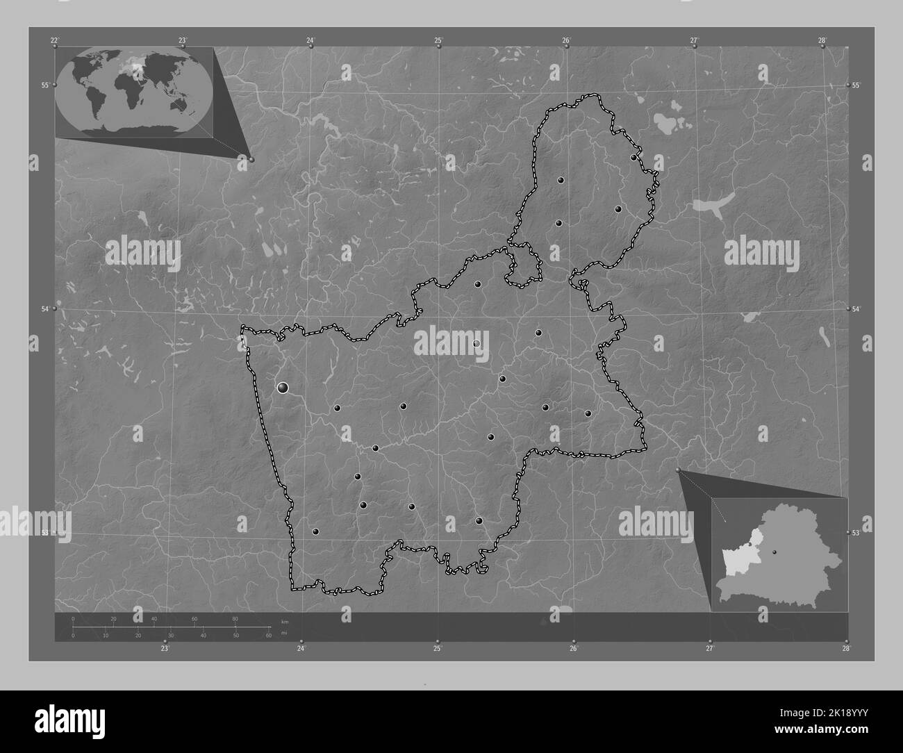 Hrodna, region of Belarus. Grayscale elevation map with lakes and ...