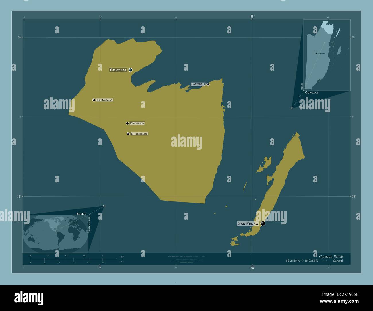 Corozal, district of Belize. Solid color shape. Locations and names of ...