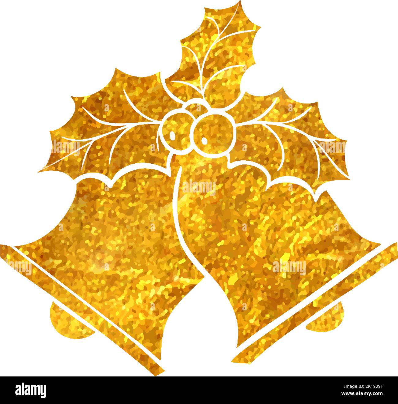 Hand drawn Christmas bell icon in gold foil texture vector illustration ...
