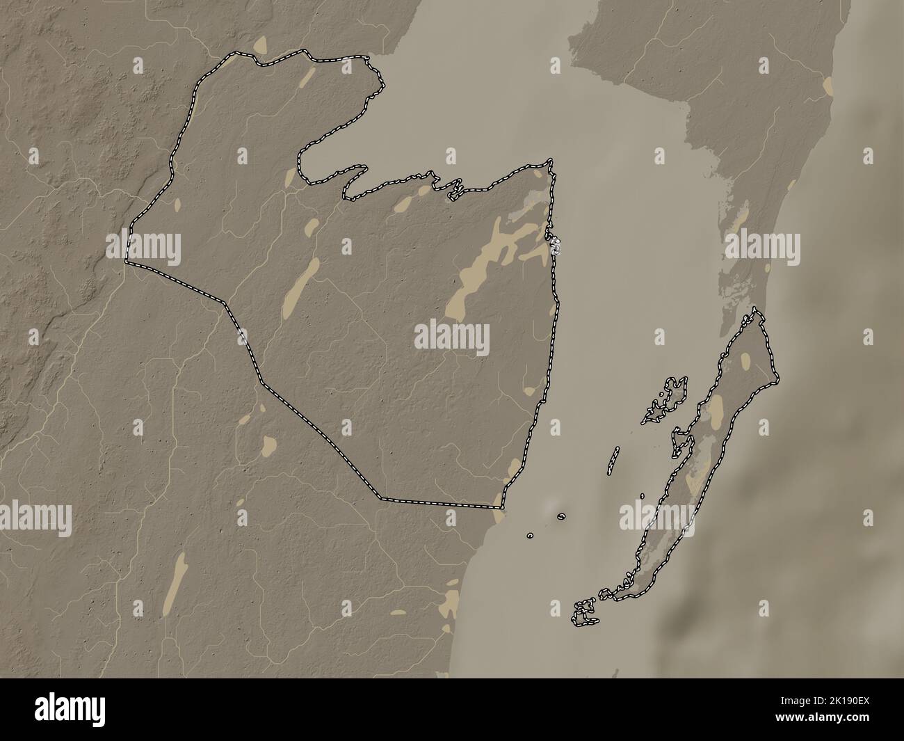 Corozal, district of Belize. Elevation map colored in sepia tones with ...