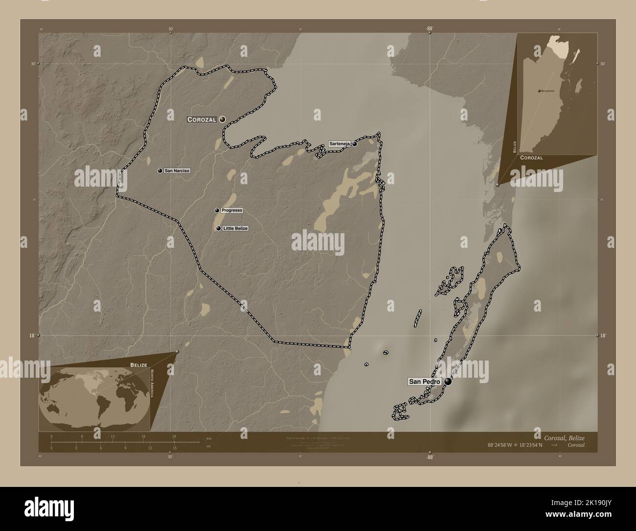 Corozal, district of Belize. Elevation map colored in sepia tones with ...