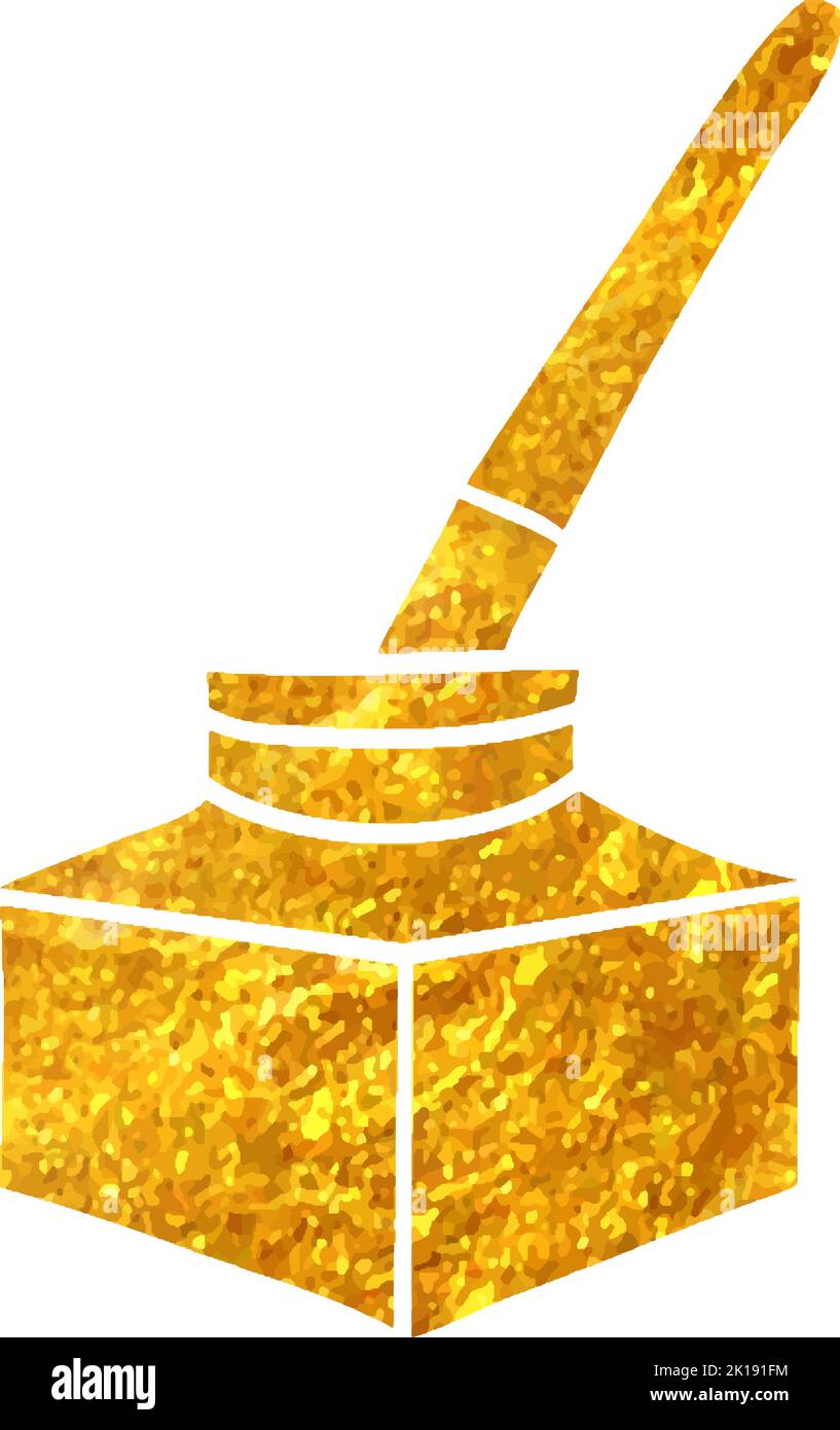 Hand drawn Ink pot icon with brush in gold foil texture vector ...