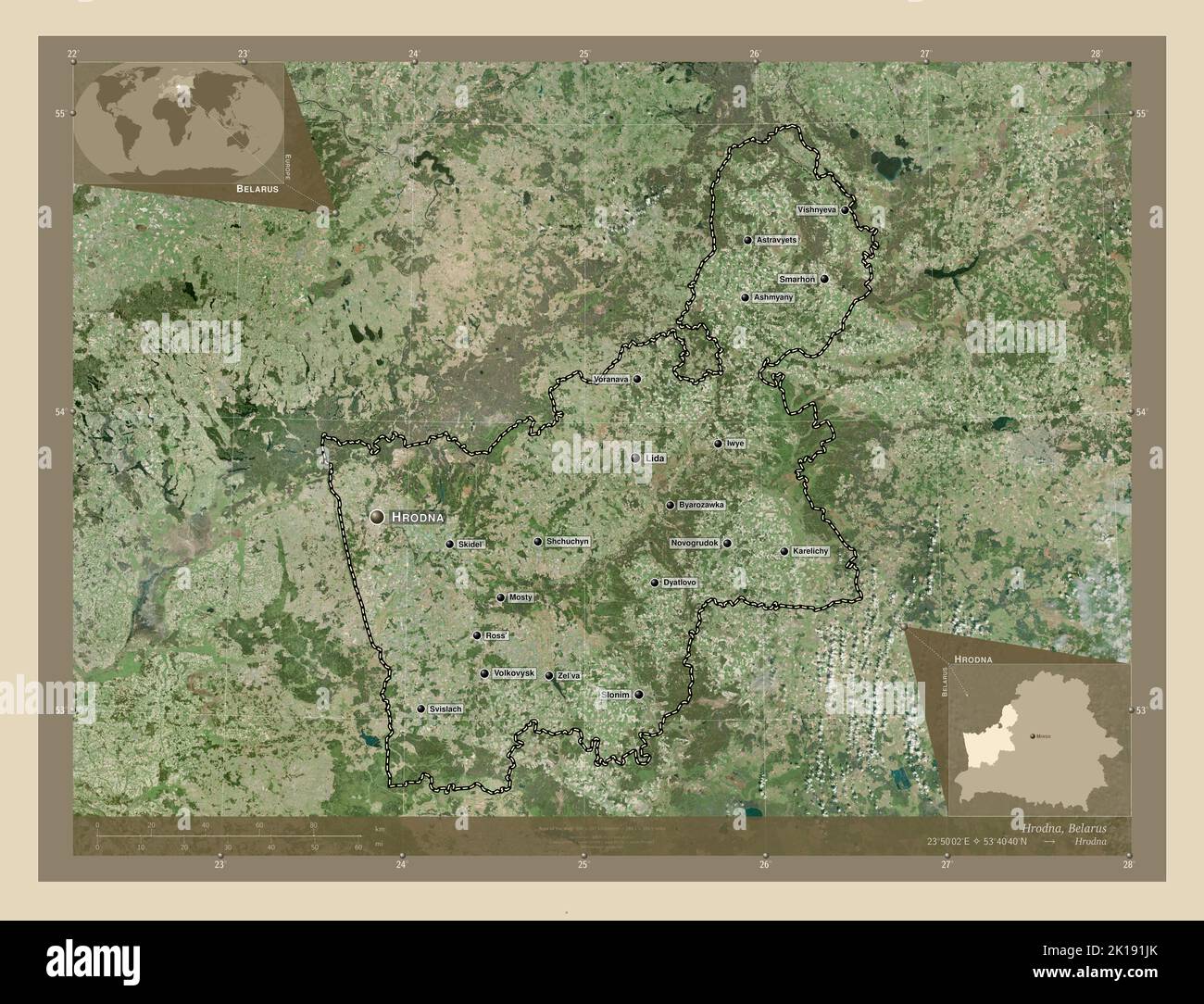 Hrodna, region of Belarus. High resolution satellite map. Locations and ...