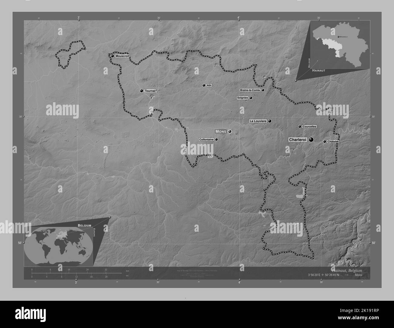 Hainaut, province of Belgium. Grayscale elevation map with lakes and ...
