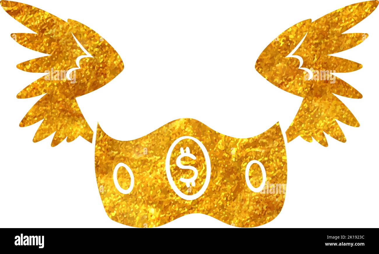 Hand drawn green flying dollar note icon in gold foil texture vector ...