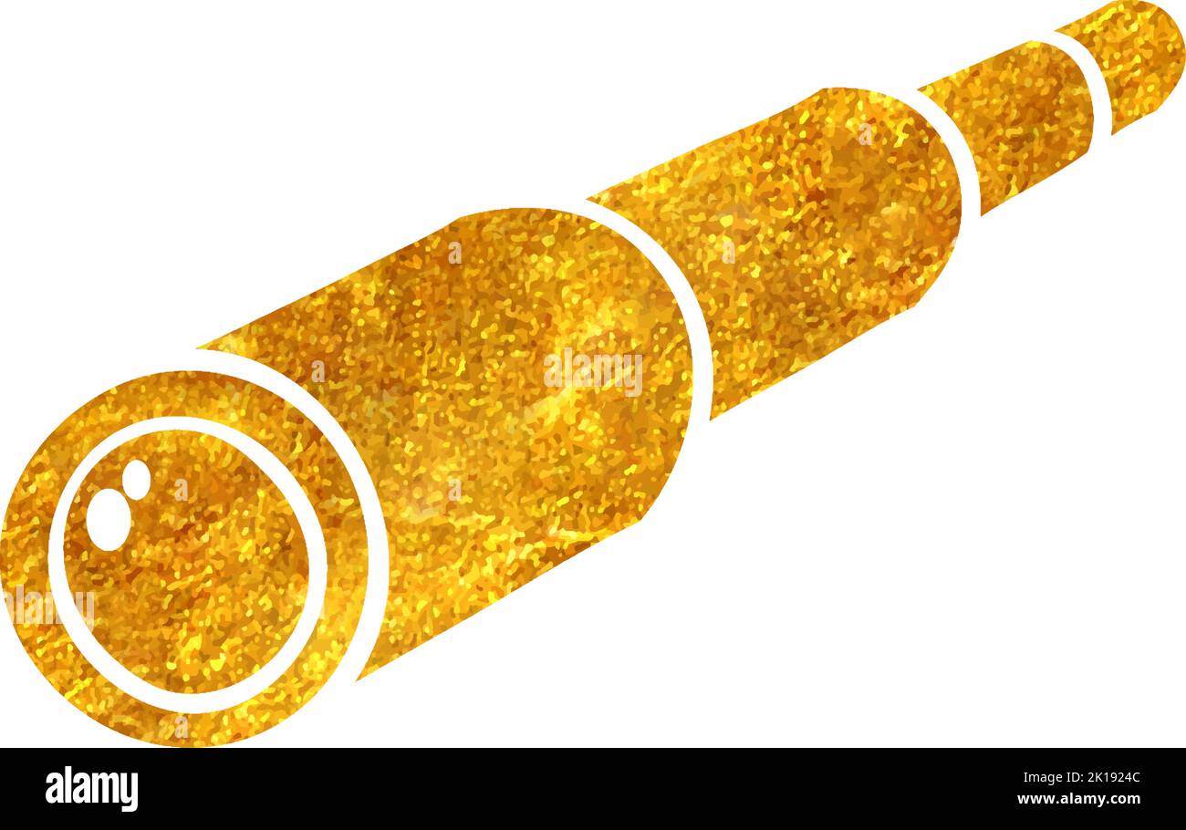 Hand drawn telescope icon in gold foil texture vector illustration ...