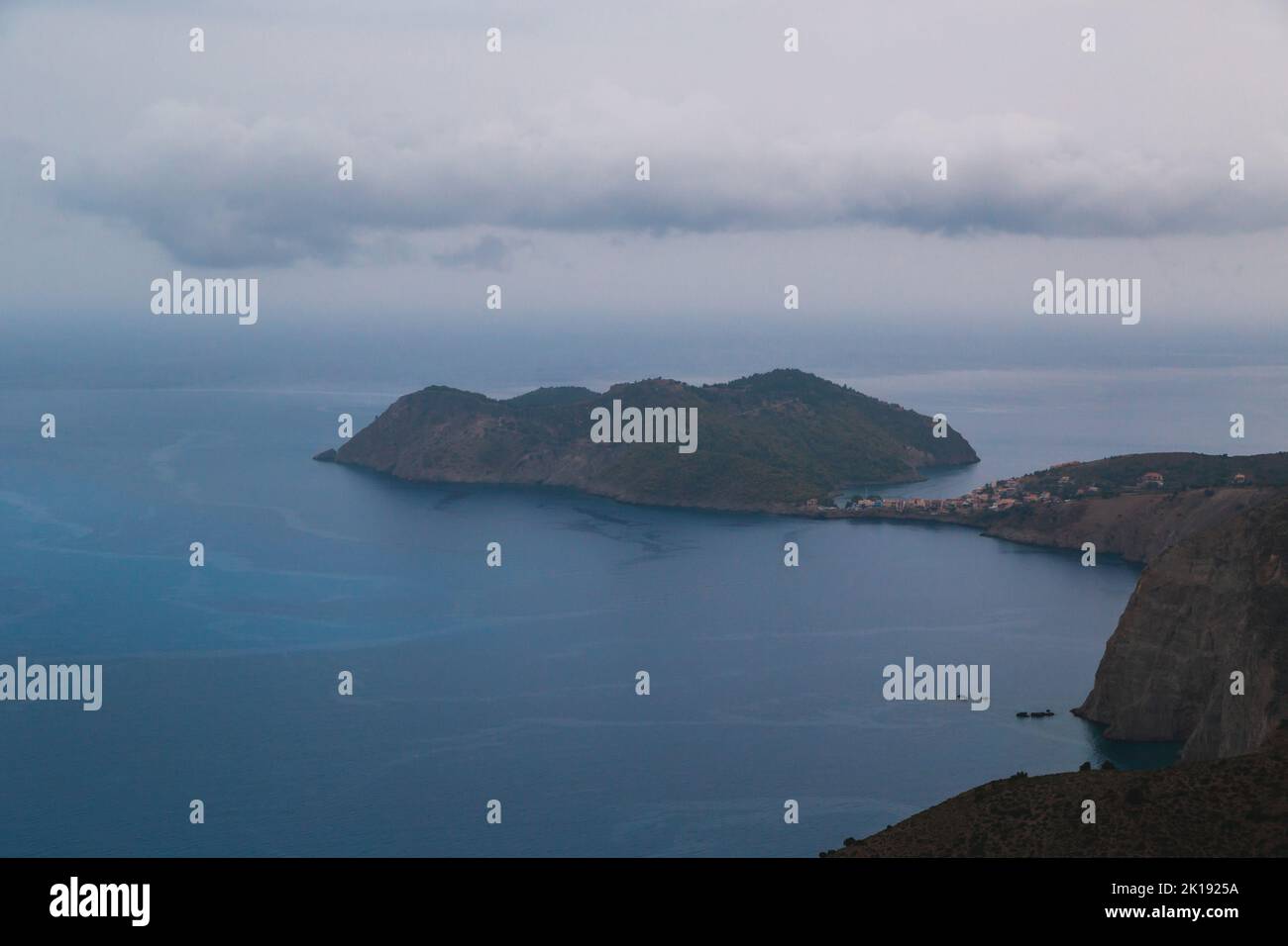 Top view at Asos village and Assos peninsula during bad weather ...
