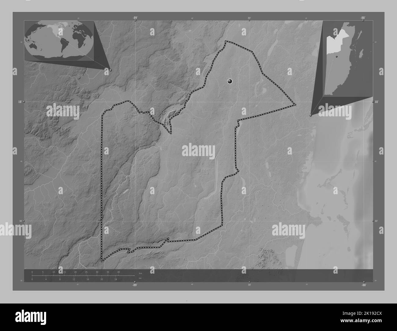 Orange Walk, district of Belize. Grayscale elevation map with lakes and ...