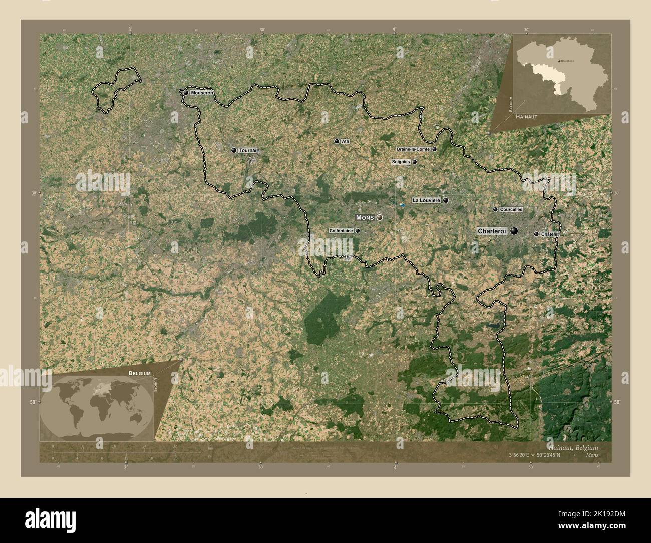 Hainaut, province of Belgium. High resolution satellite map. Locations ...