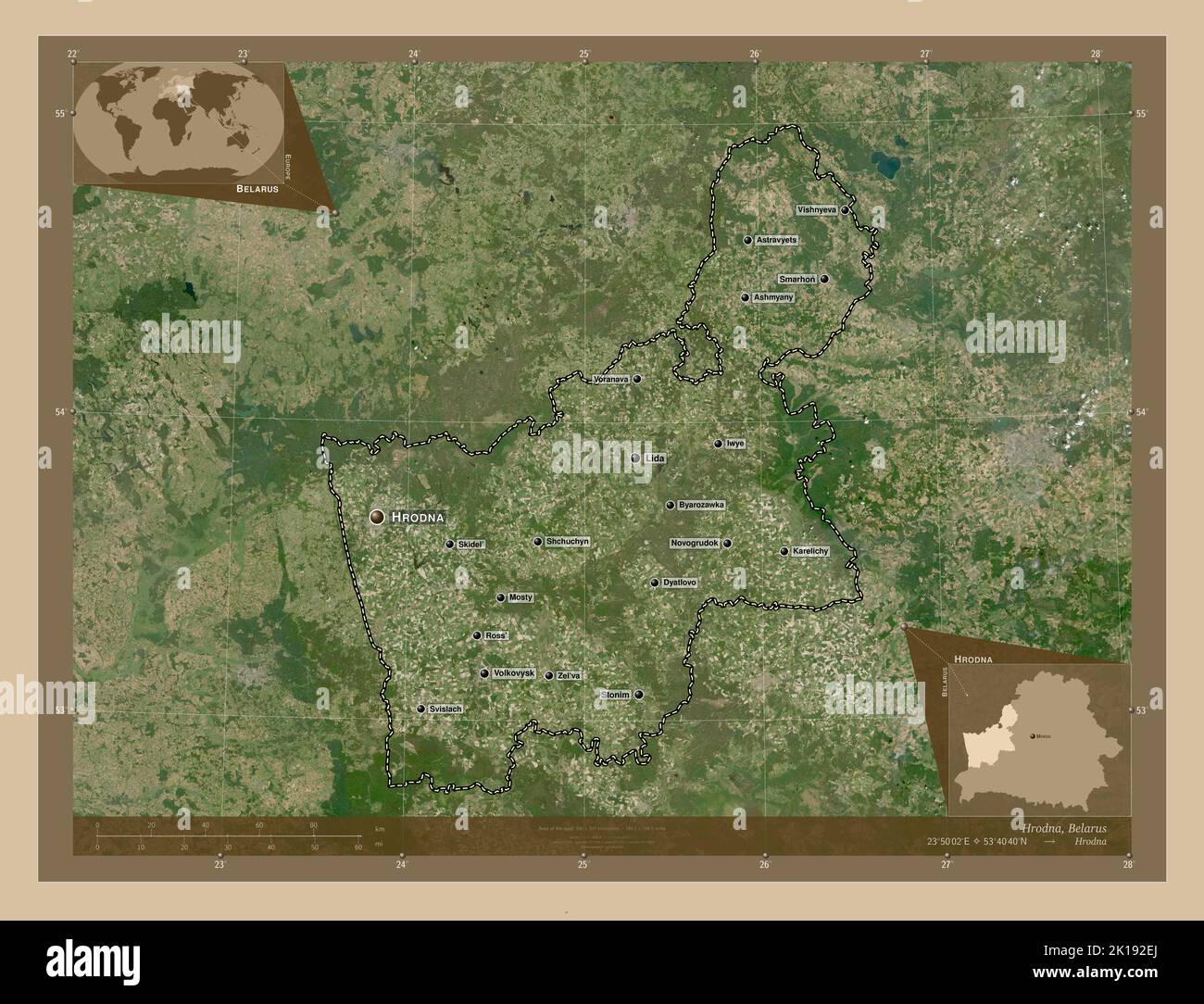 Hrodna, region of Belarus. Low resolution satellite map. Locations and ...