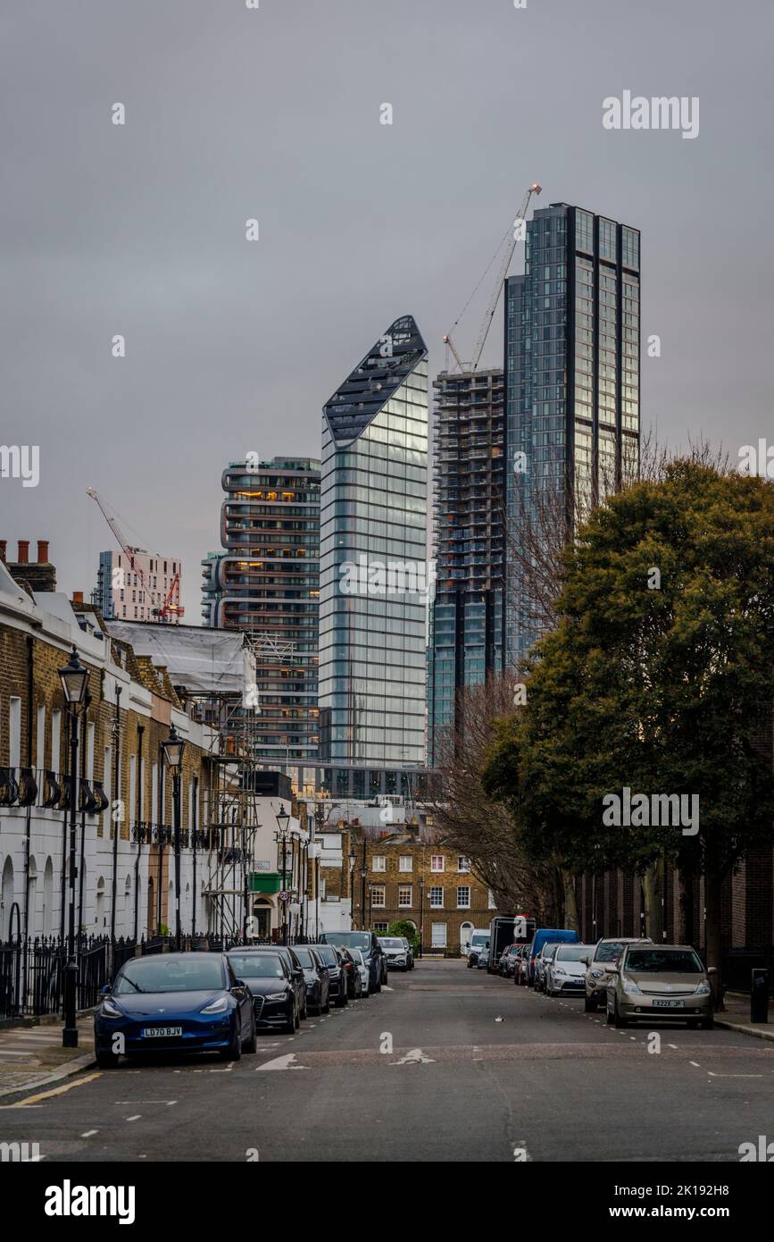 View of high-rise blocks from a residential street in Islington, London ...
