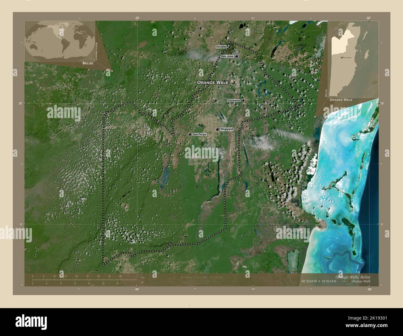 Orange Walk, district of Belize. High resolution satellite map. Locations and names of major ...