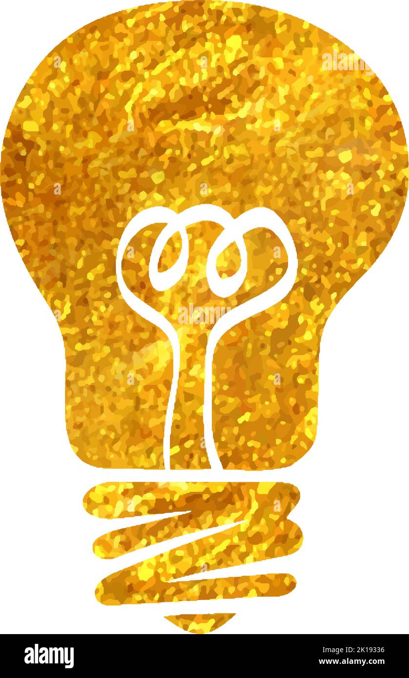 Hand drawn Light bulb icon in gold foil texture vector illustration ...