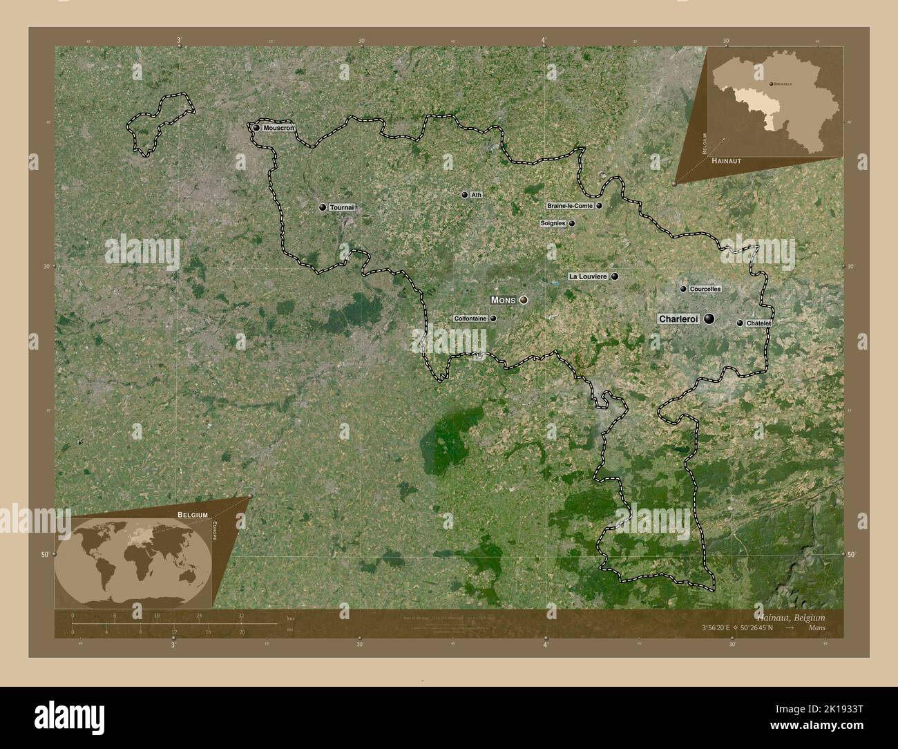 Hainaut, province of Belgium. Low resolution satellite map. Locations ...