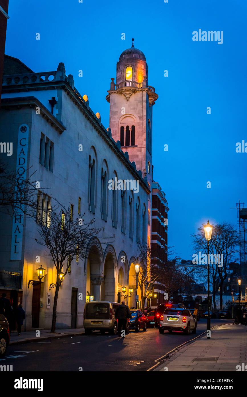 Colourfully illuminated Cadogan Hall, a concert hall in Sloane Terrace ...