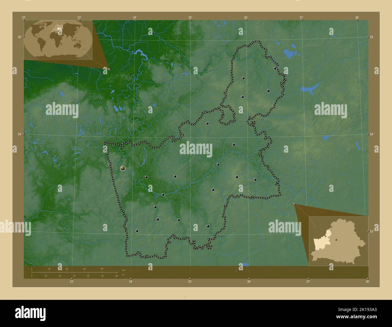 Hrodna, region of Belarus. Colored elevation map with lakes and rivers ...