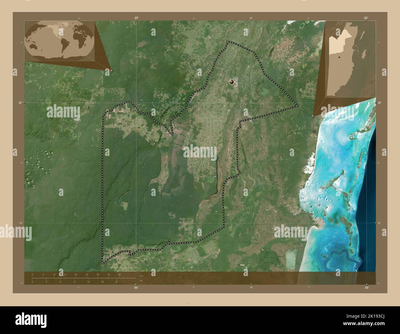 Orange Walk, district of Belize. Low resolution satellite map. Corner auxiliary location maps ...