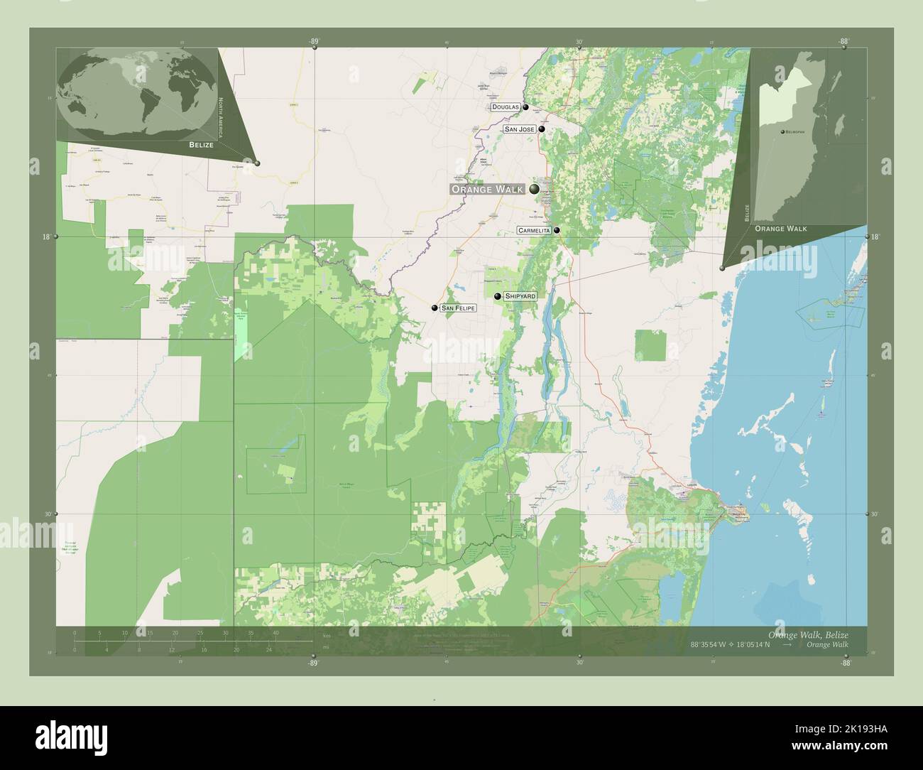 Orange Walk, district of Belize. Open Street Map. Locations and names of major cities of the ...