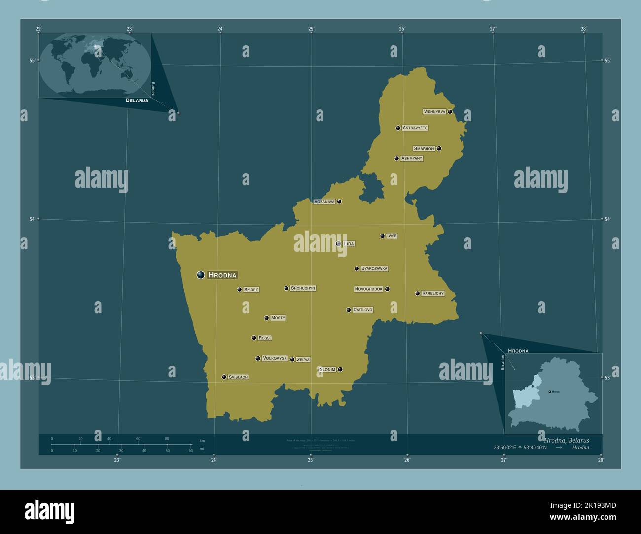 Hrodna, region of Belarus. Solid color shape. Locations and names of ...