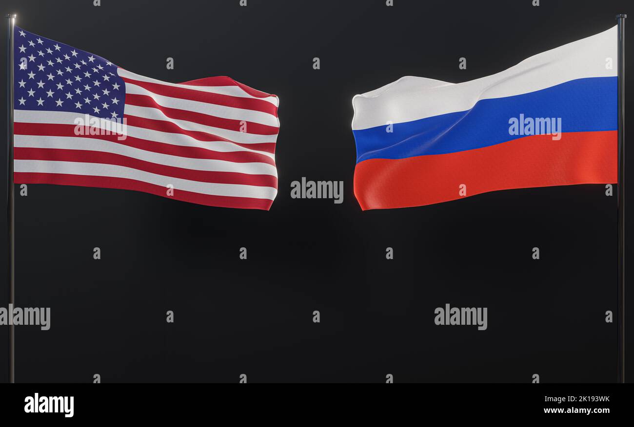 USA and Russia flags, black background and flag US vs flag Russia ...