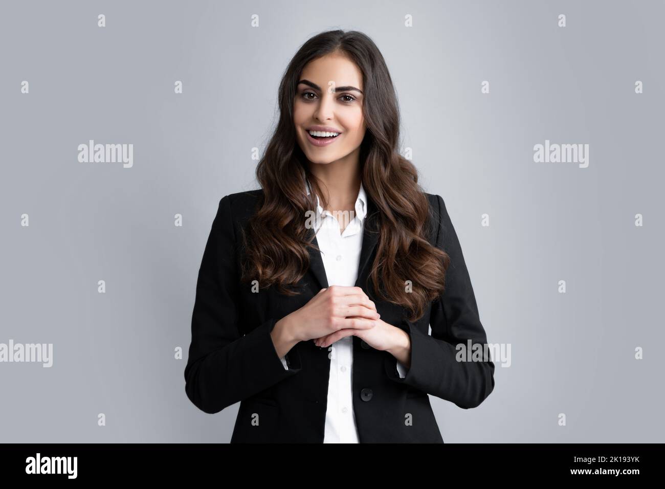 Happy smiling woman portrait. Attractive young pretty cheerful girl in ...