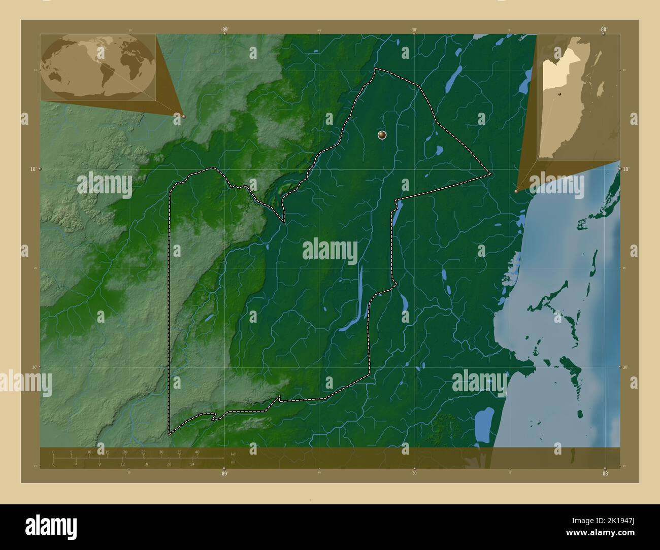 Orange Walk, district of Belize. Colored elevation map with lakes and ...