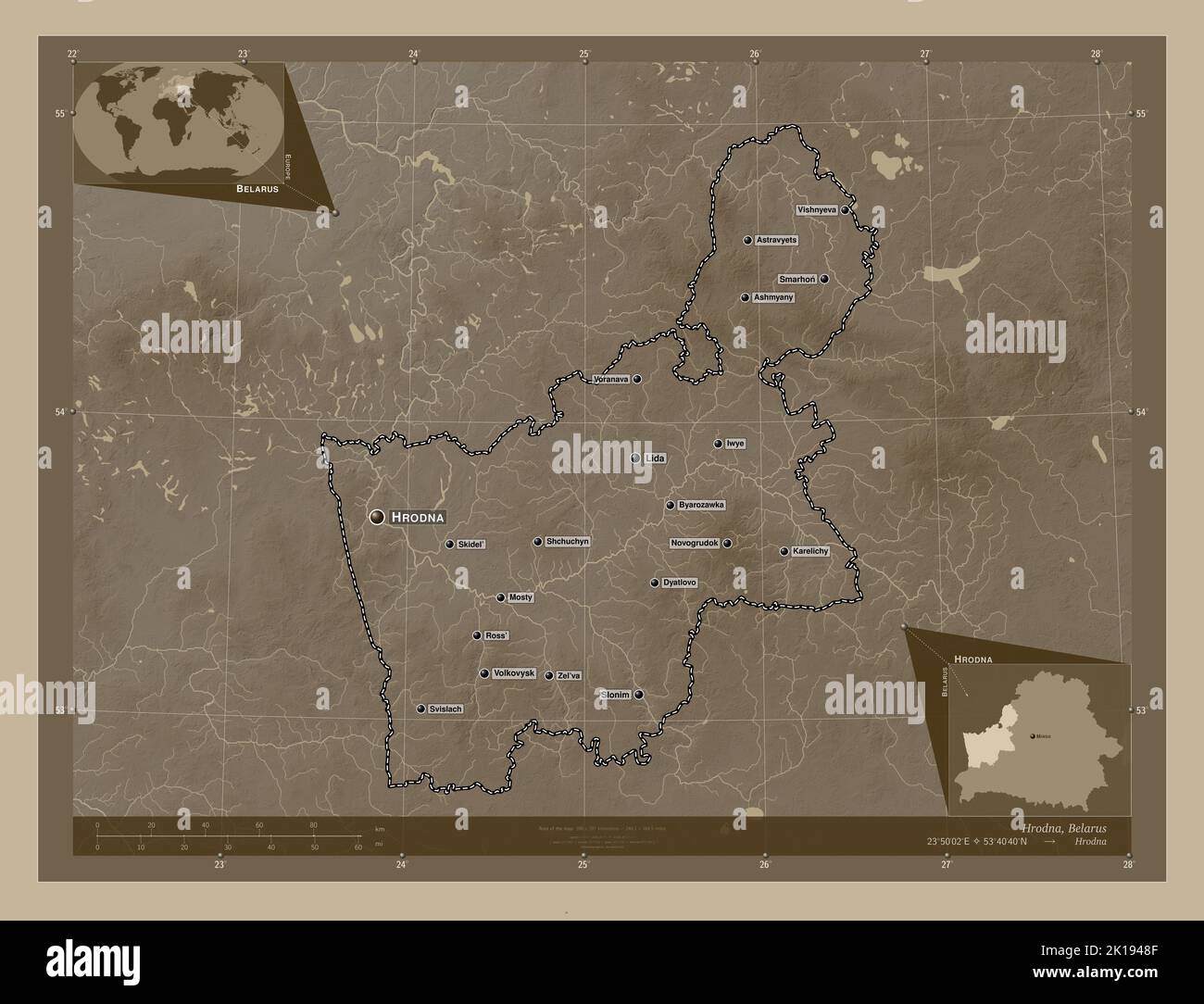 Hrodna, region of Belarus. Elevation map colored in sepia tones with ...